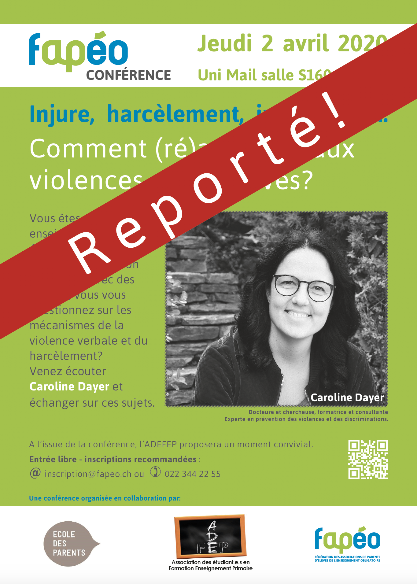Conférence Caroline Dayer ....reportée! - FAPEO